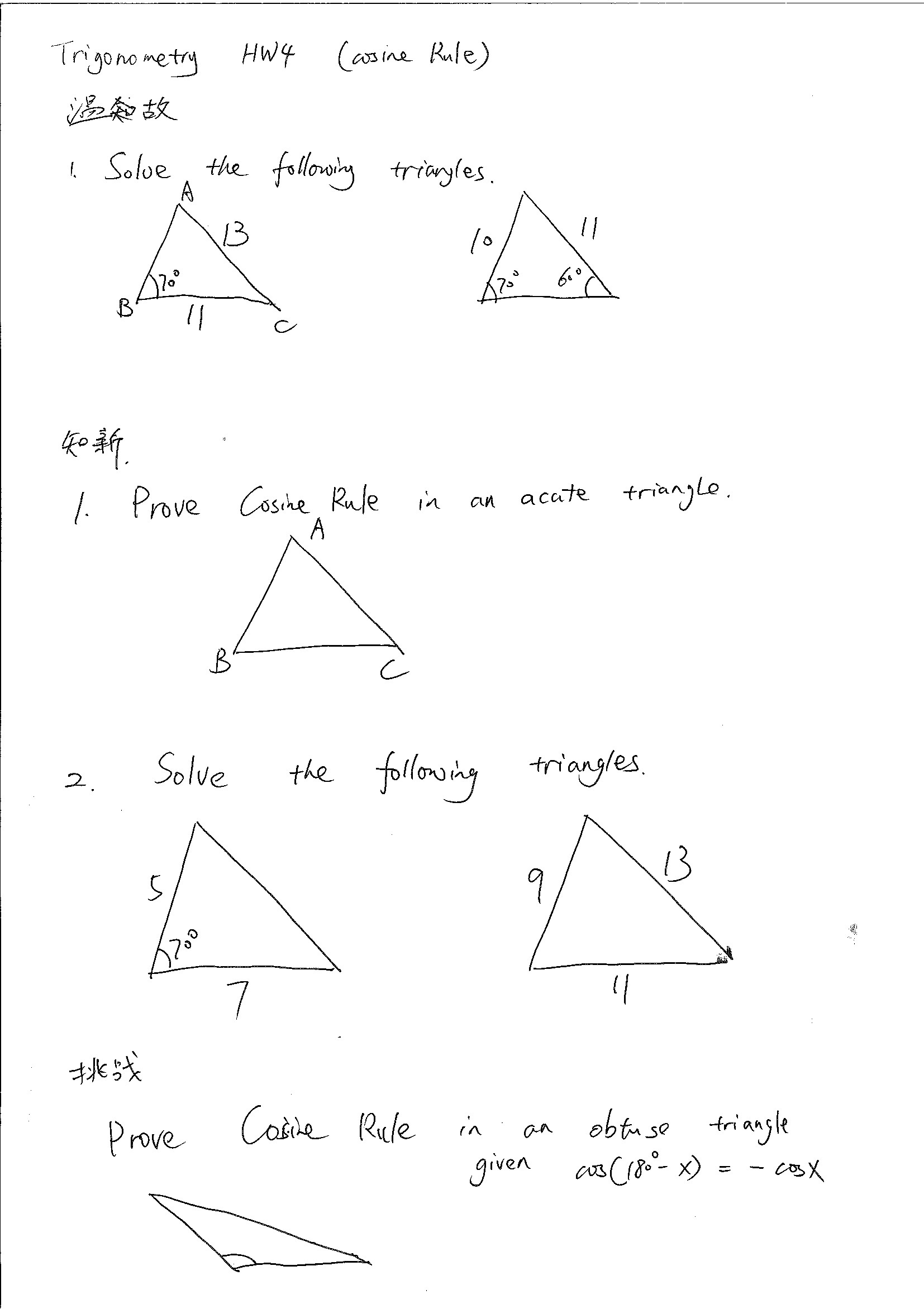 HZCIS Math Trigonometry HW4 cosine Rule 