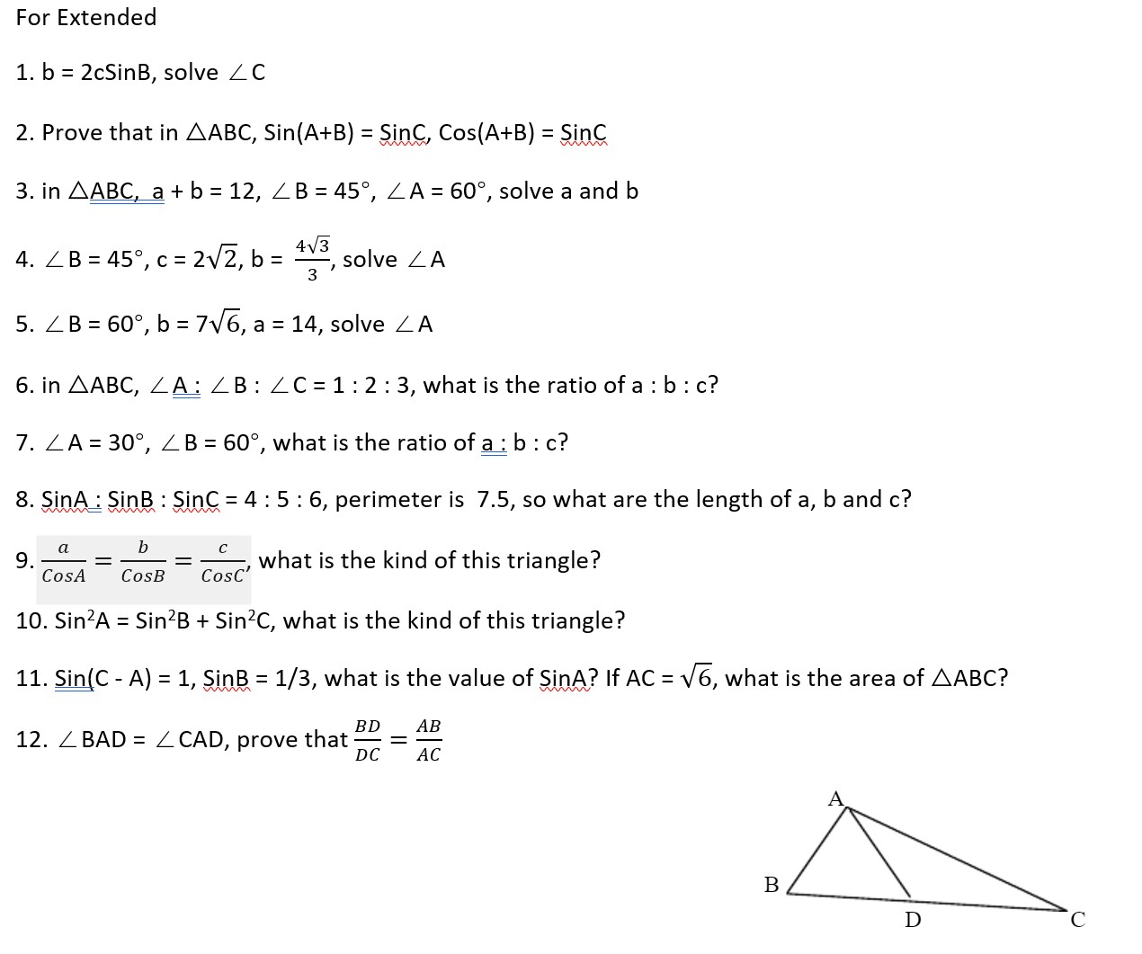 HZCIS Math Sine Rule Practice Questions